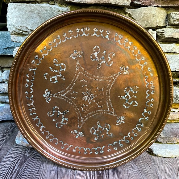 Vintage | Dining | Vtg Copper Turkish Engraved Tray Embroidered Coffee ...